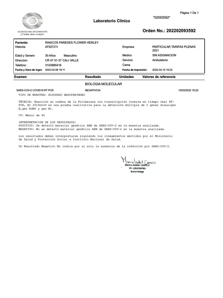 Resultado RT-PCR COVID-19 Negativo | PDF