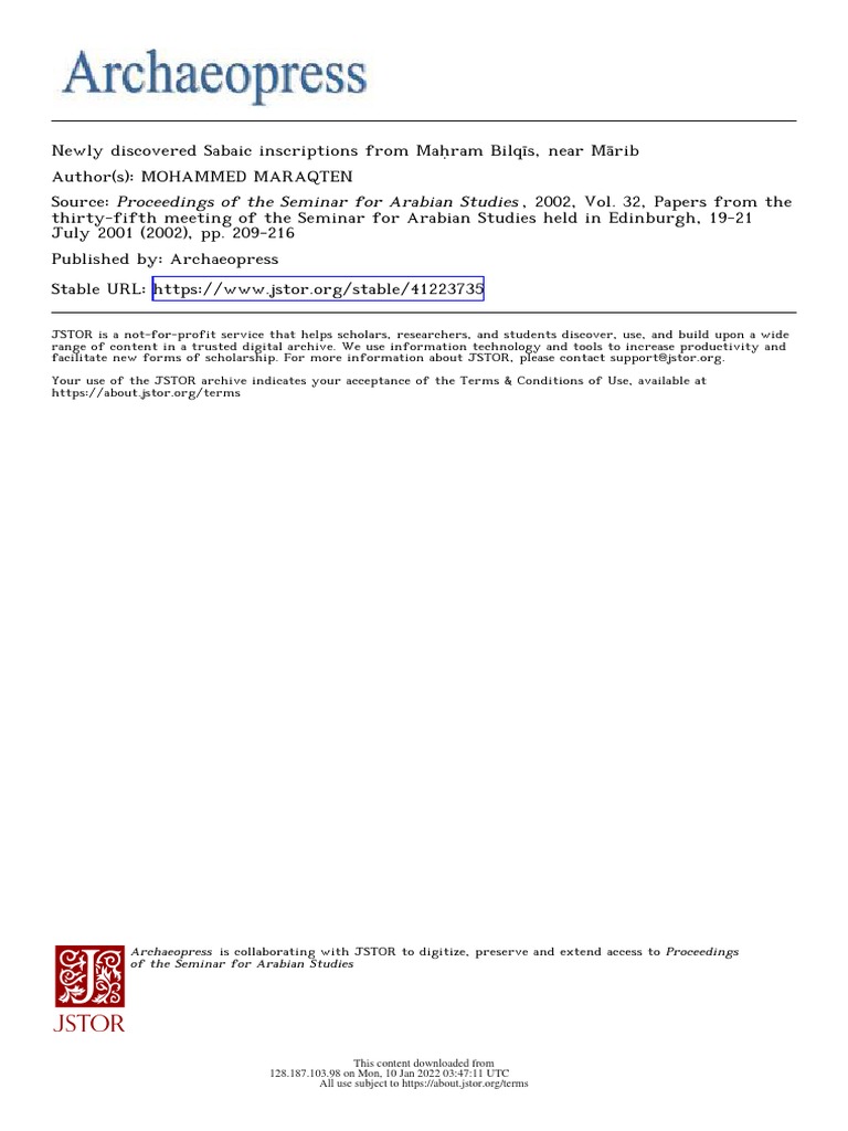 Newly Discovered Sabaic Inscriptions From Ma Ram Bilqīs, Near Mārib | PDF