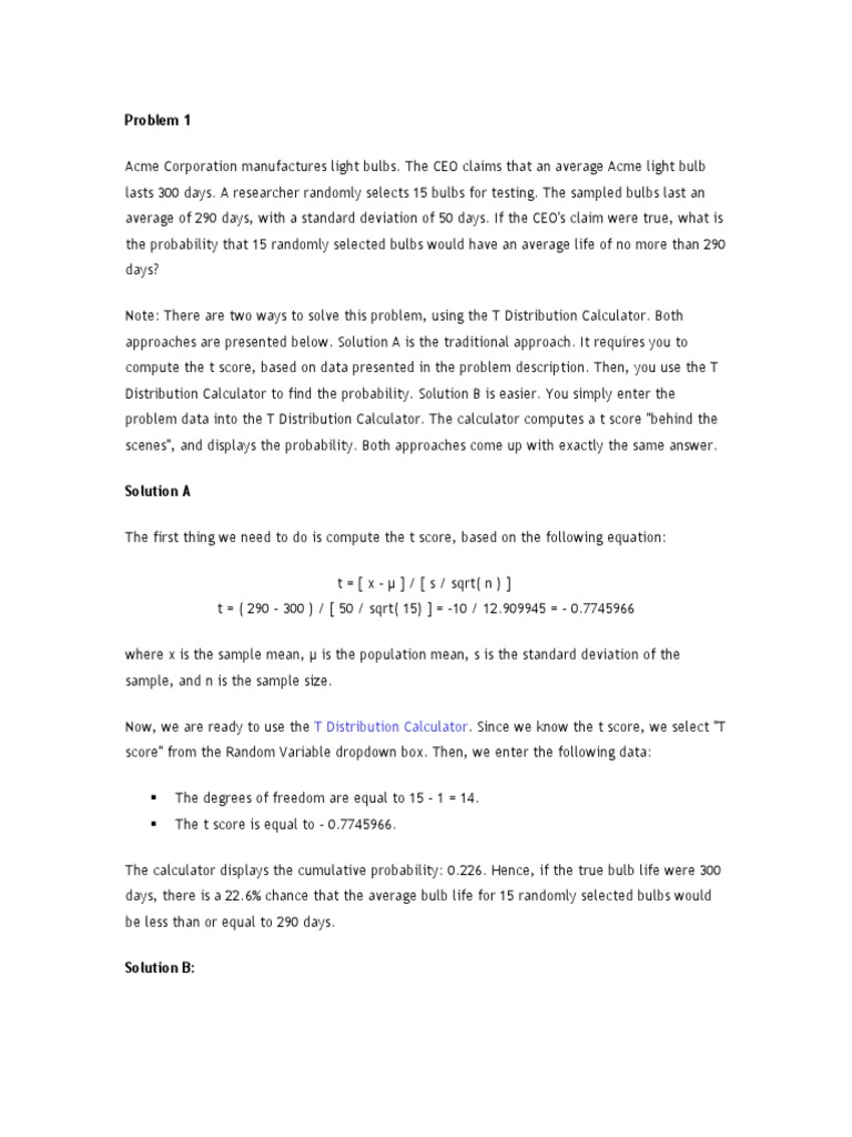 Problem 1: T Distribution Calculator | PDF | Confidence Interval ...