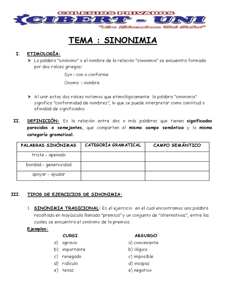 Tipos y Ejercicios de Sinonimia | PDF | Palabra | Interpretación ...