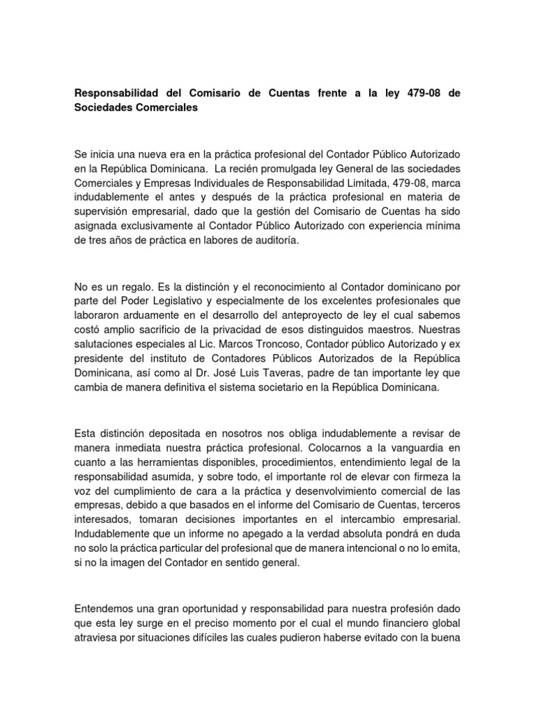 El Rol Del Comisario de Cuentas Ley 479-08 | PDF | Contabilidad | Auditoría