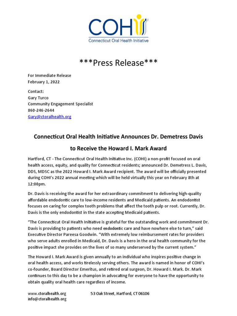 Cohi Press Release Final Draft | PDF | Dentistry | Medicaid