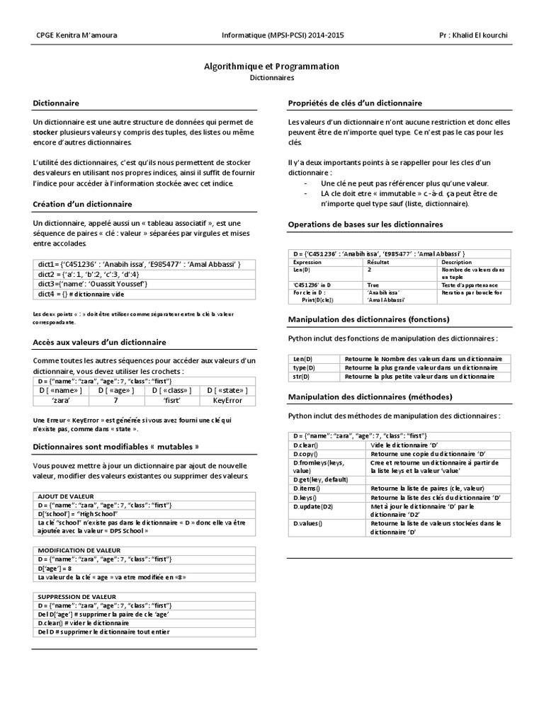 Guide des Dictionnaires en Python | PDF | Python (Langage de ...