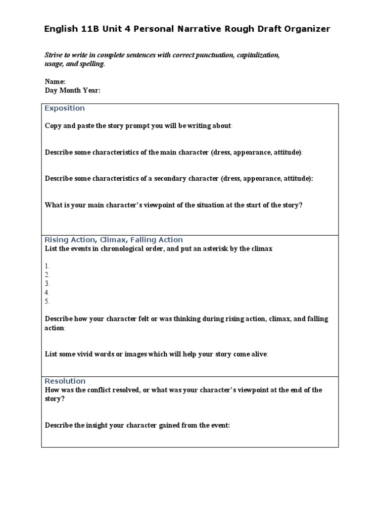 Personal Narrative Draft Organizer | PDF