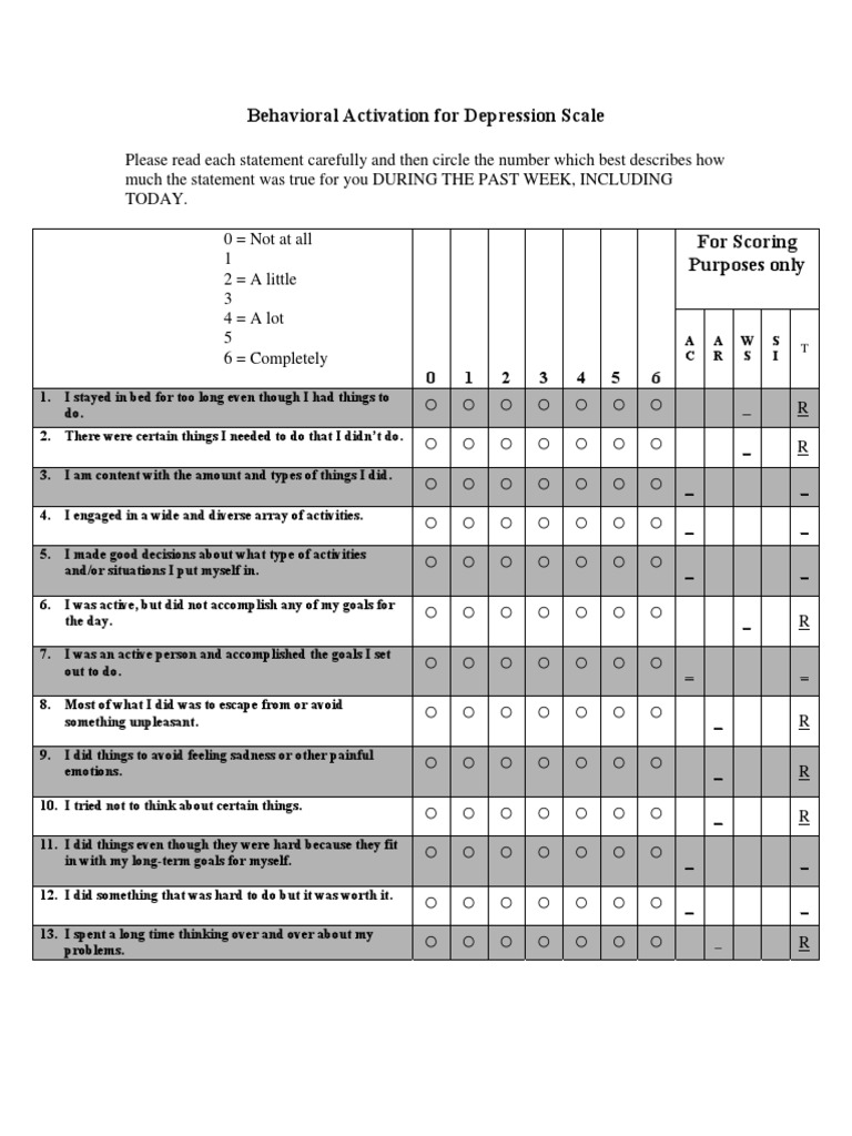Behavioral Activation For Depression Scale: A C A R W S S I | PDF ...