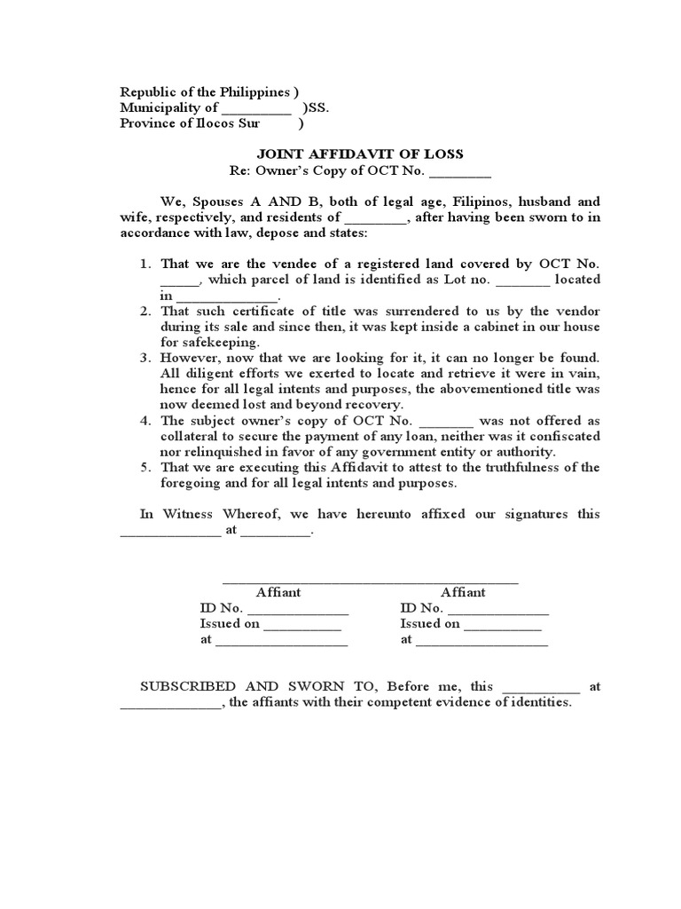 Joint Affidavit of Loss of Title | PDF