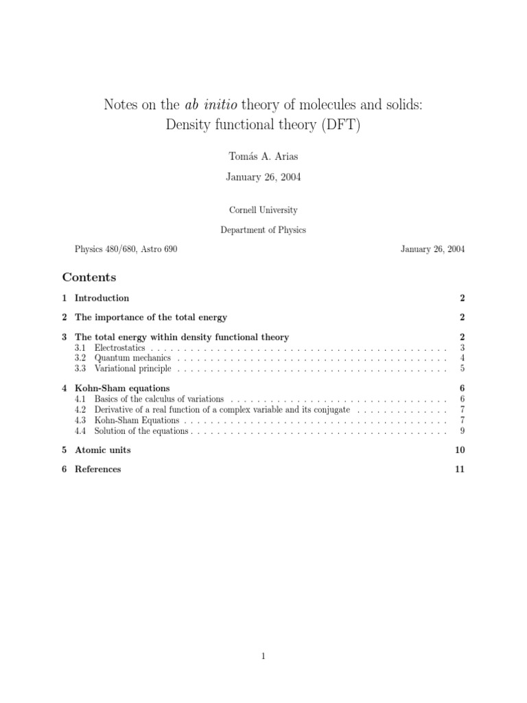 Notes On The Ab Initio Theory of Molecules and Solids: Density ...
