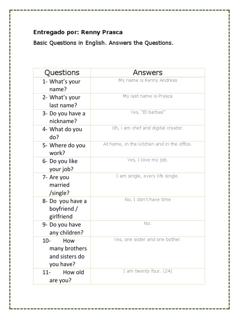 Basic Questions in English. Answers The Questions | PDF