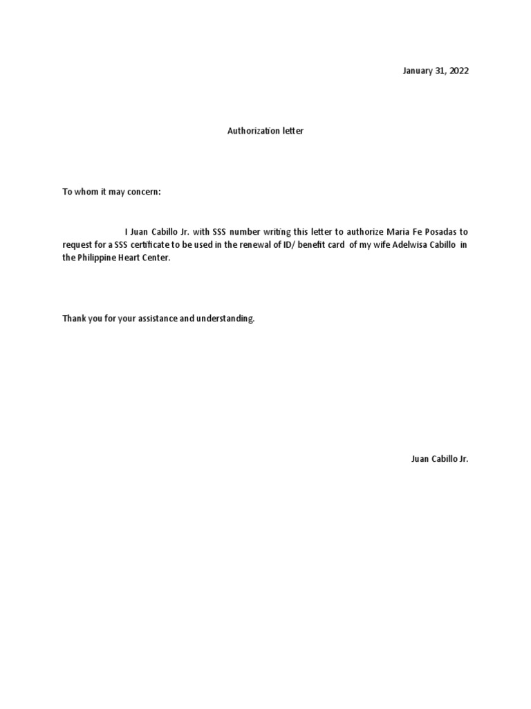 Authorization Letter SSS | PDF