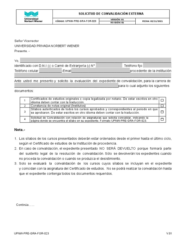Solicitud Convalidación Externa y Relación de Asignaturas A Convalidar | PDF