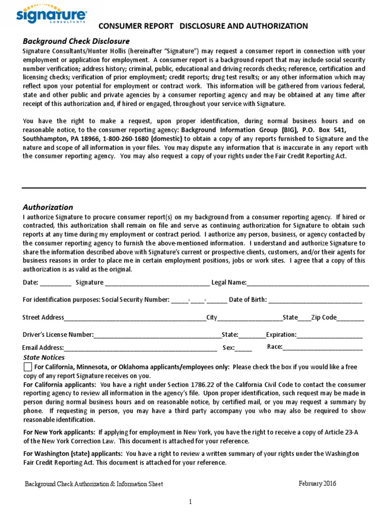 BIG Background Authorization Form | PDF | Background Check | Identity ...