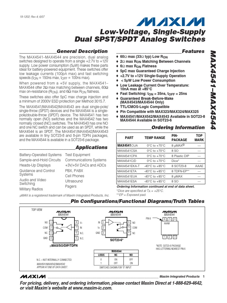Low-Voltage, Single-Supply Dual SPST/SPDT Analog Switches: General Description - Features | PDF ...
