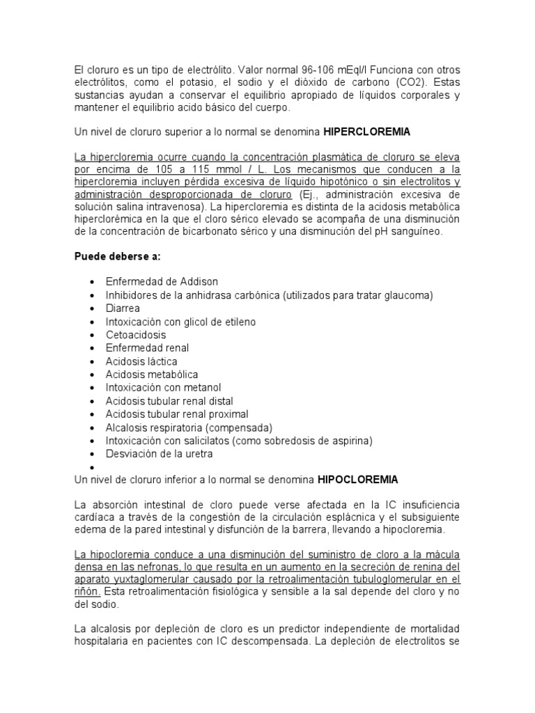 Hiper - Hipocloremia | PDF | Riñón | Electrólito