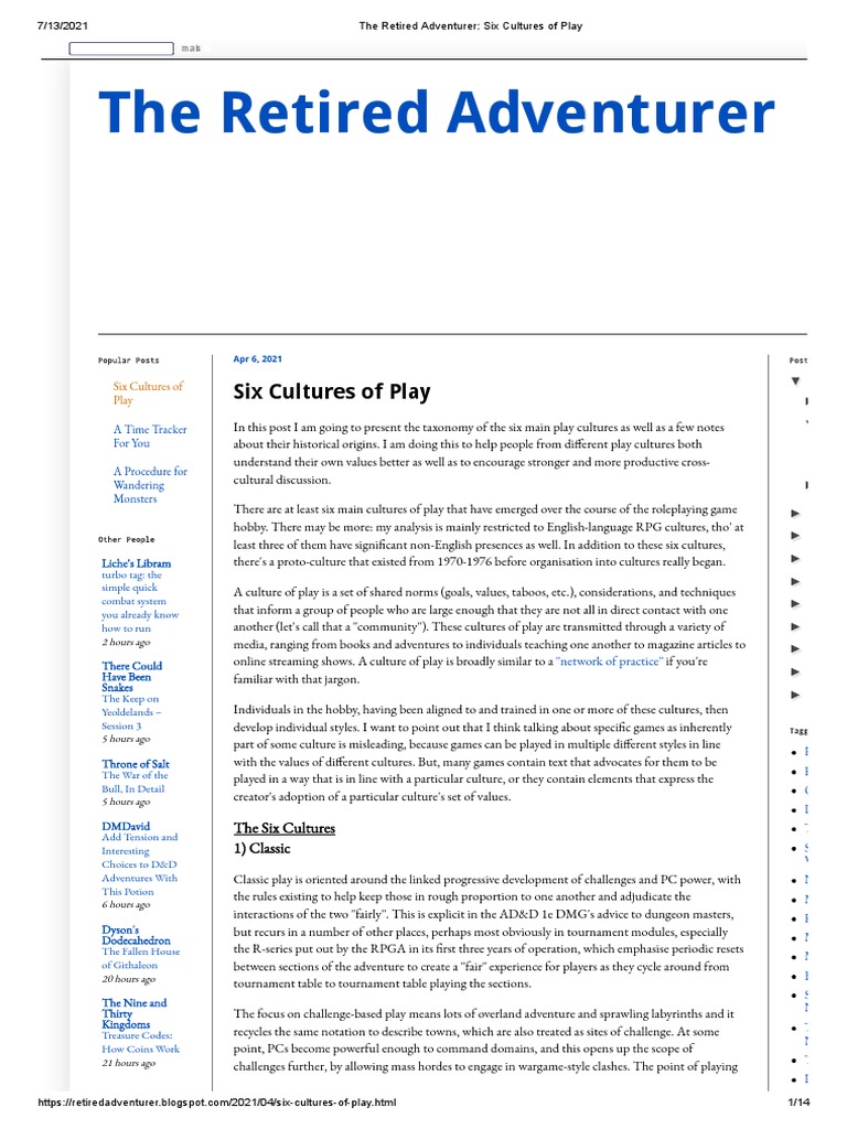 The Retired Adventurer - Six Cultures of Play | PDF | Dungeons ...
