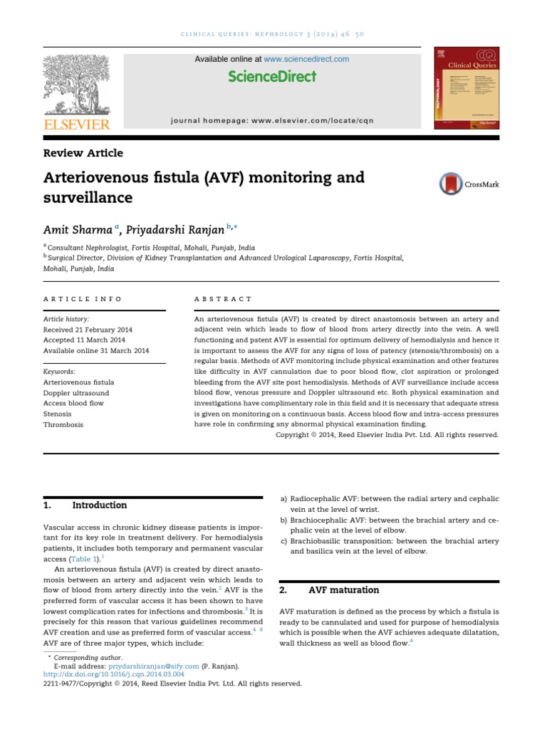 Arteriovenous Fistula (Avf) Monitoring and Surveillance: Sciencedirect ...