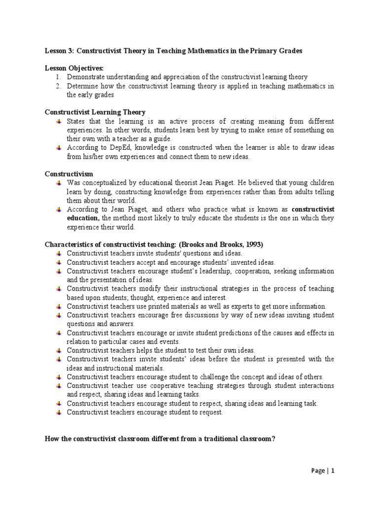 Lesson 3 Constructivist Theory in Teaching Mathematics in The Primary Grades | PDF ...