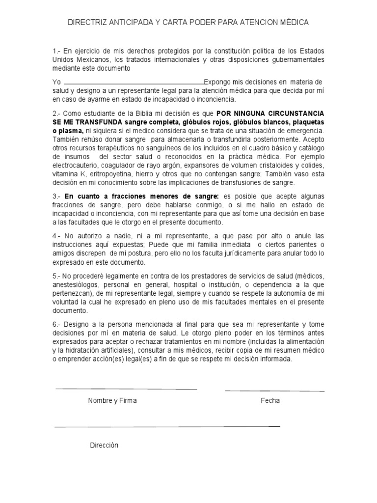 Directriz Anticipada y Carta Poder para Atencion Médica | PDF | Sangre ...