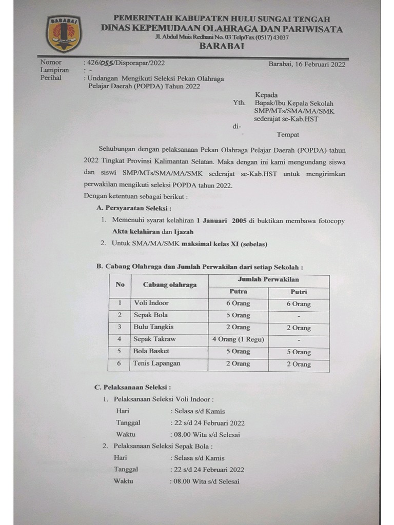 Surat Seleksi POPDA Kab - HST | PDF