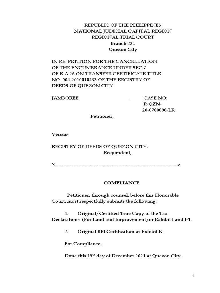 Compliance in A Petition For REmoval of Sec 7 - Sample | PDF | Law