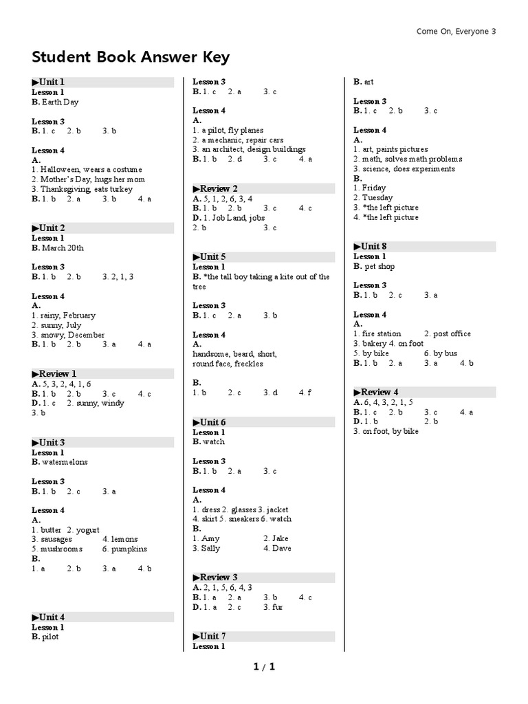 Student Book Answer Key: Unit 1 | PDF