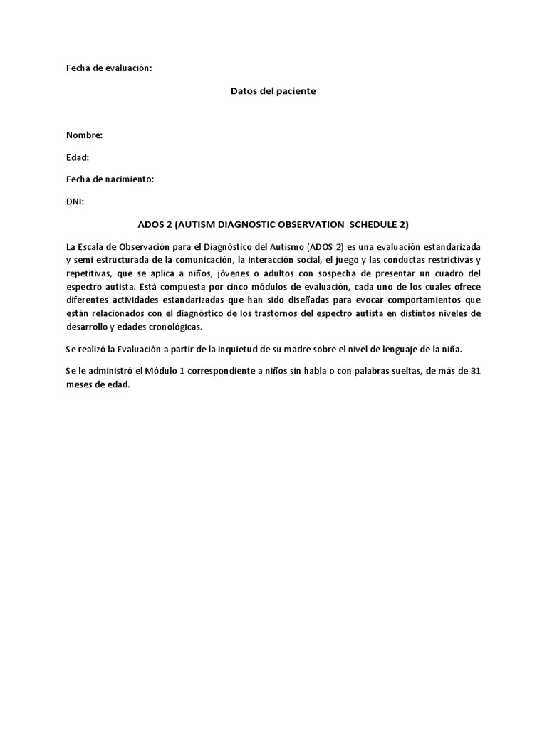 Modelo Informe ADOS 2 | PDF | Espectro autista | Cognición
