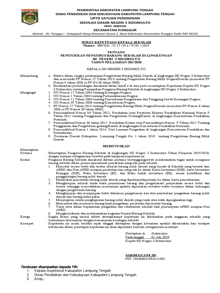 SK Pengurus Barang Sekolah sdn3 Sidomulyo | PDF