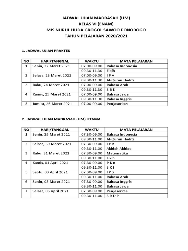Jadwal Ujian Kelas Vi | PDF