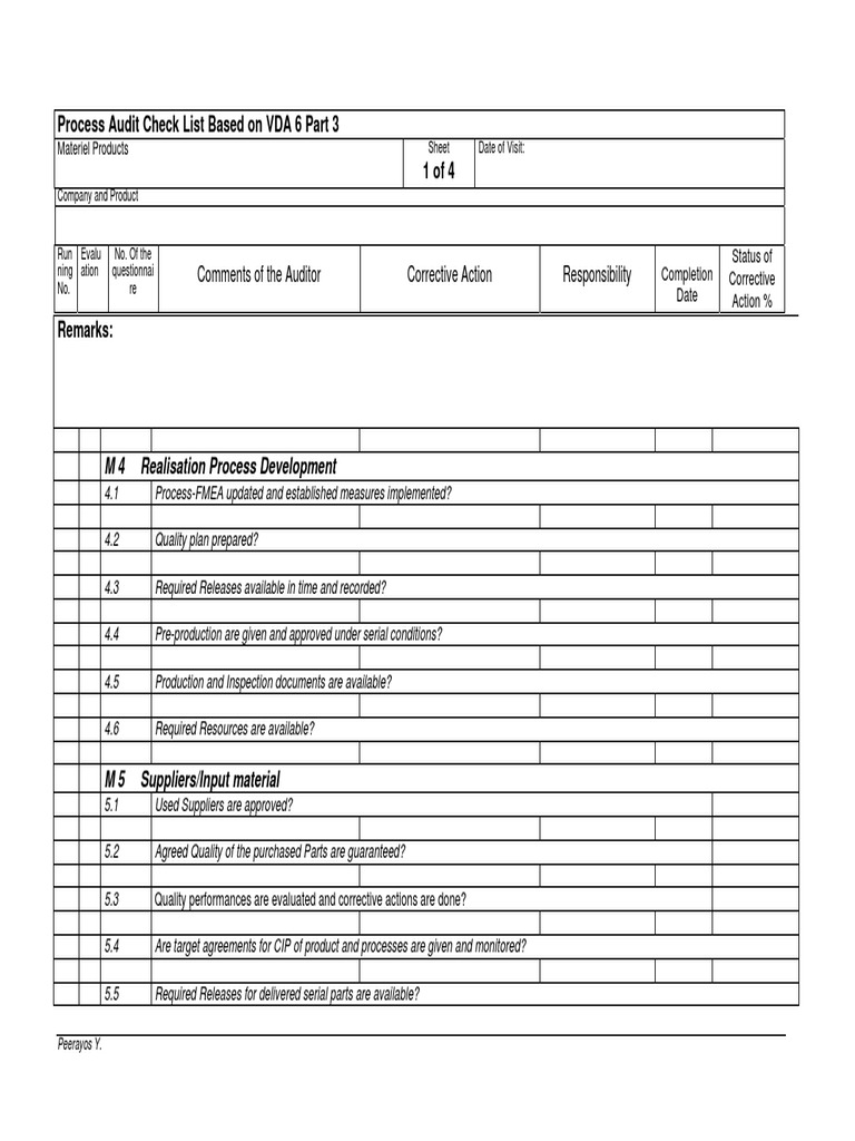 Process Audit Check List Based On VDA 6 Part 3 1 of 4: Comments of The ...