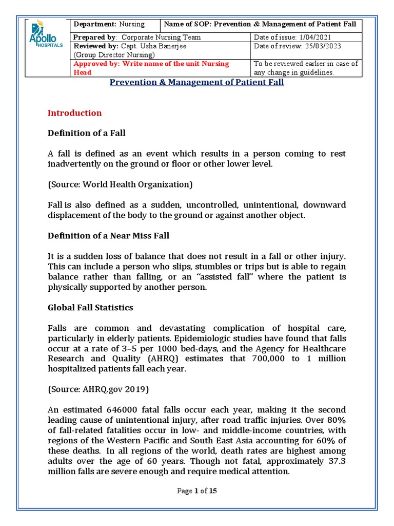 Prevention & Management of Patient Fall | PDF | Patient Safety | Nursing