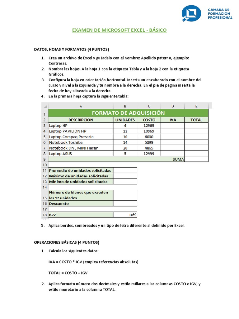 Examen de Microsoft Excel - Básico | PDF