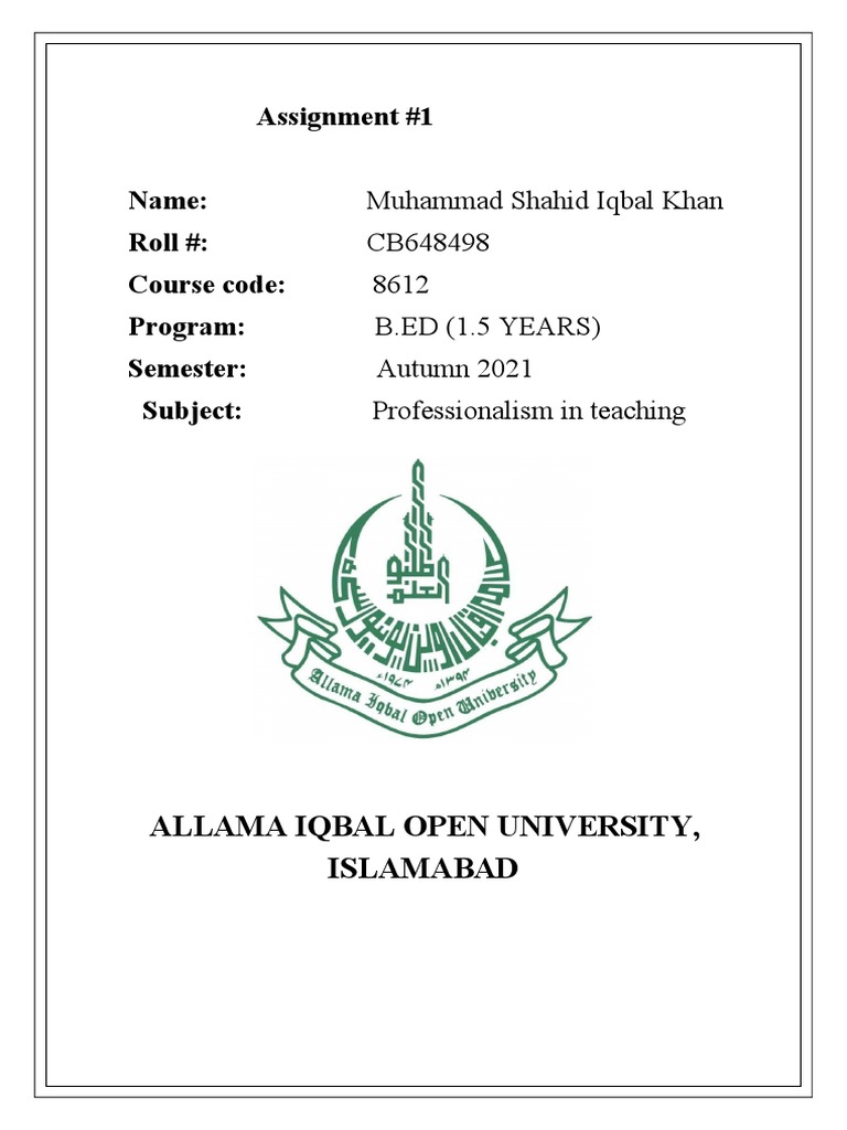 Muhammad Shahid Iqbal Khan (8612) Assignment 1 | PDF | Teachers | Reflective Practice
