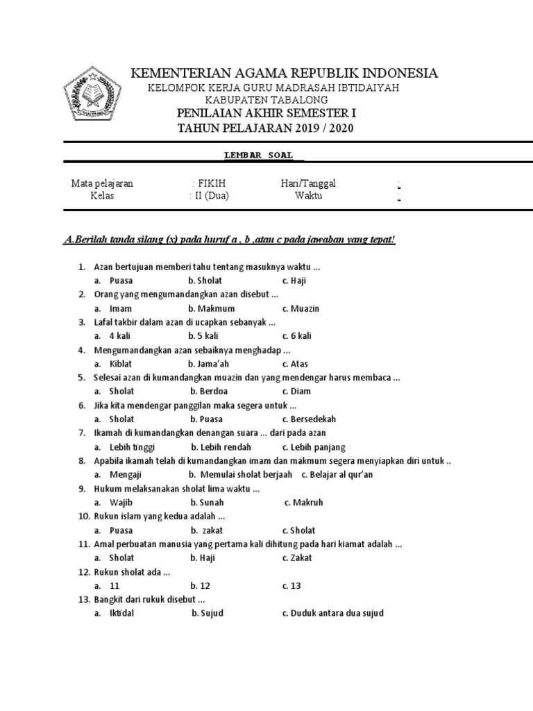 Soal Ulangan Fikih KLS 3 | PDF