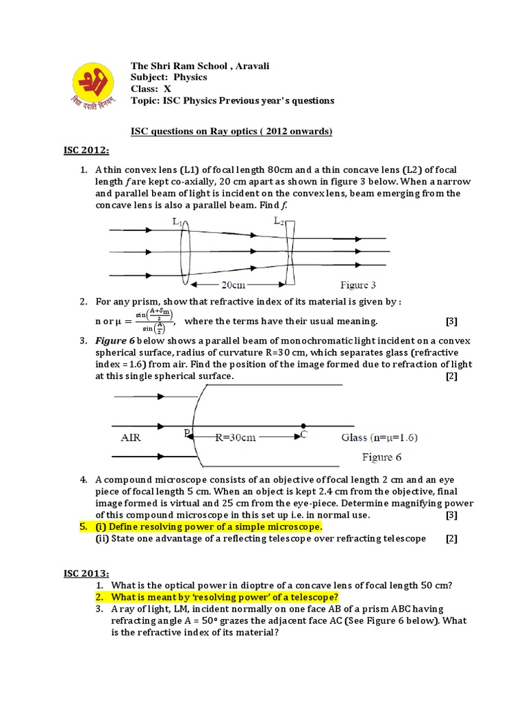 ISC Board Questions On Ray Optics Grade 12 | PDF | Optics | Refractive ...