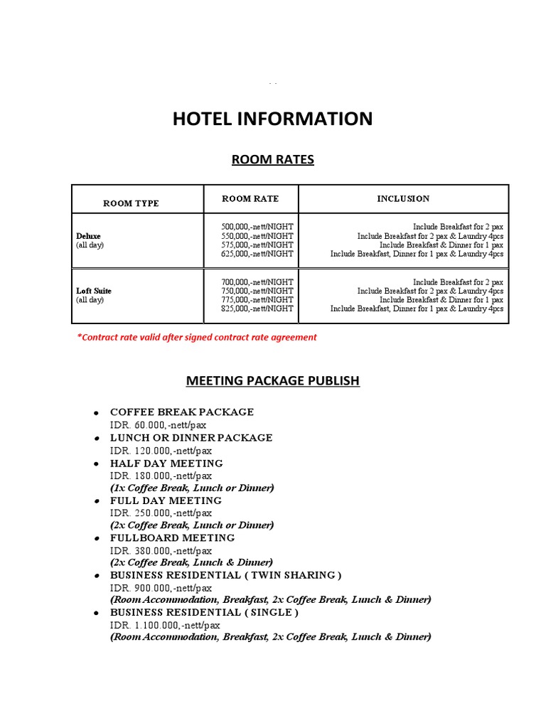 Hotel Information: Room Rates | PDF | Cuisine | Dinner