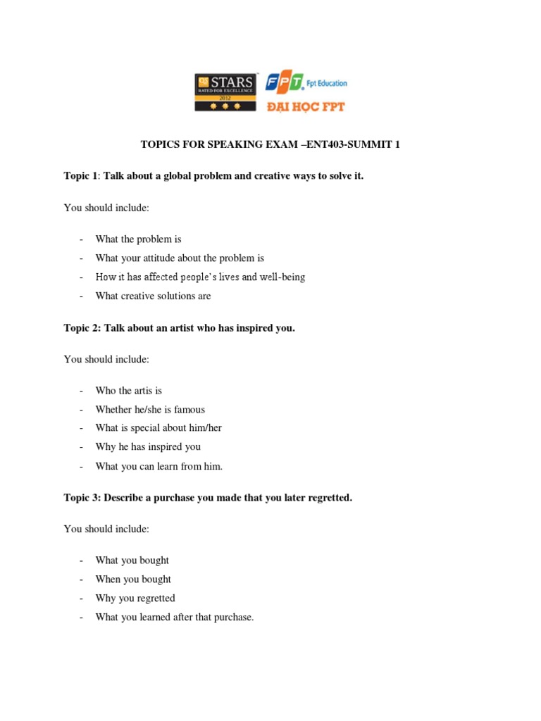 ENT403 - Topics For Speaking Exam | PDF | Communication | Psychology