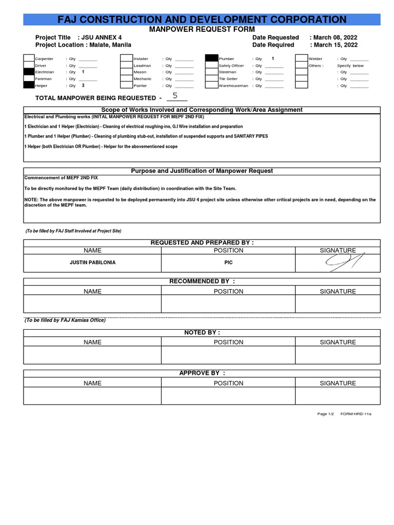 Manpower Request Mepf | PDF | Building Engineering | Manufactured Goods