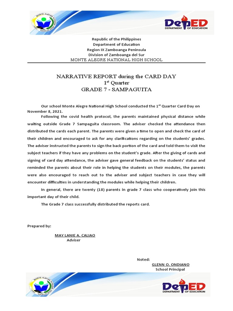 Narrative Report During The Card Day 1 Quarter Grade 7 - Sampaguita ...