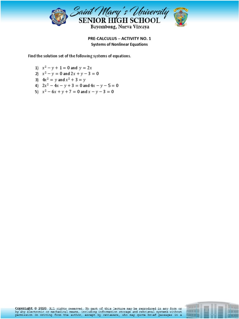 Pre-Calculus - Activity No. 1: Systems of Nonlinear Equations | PDF