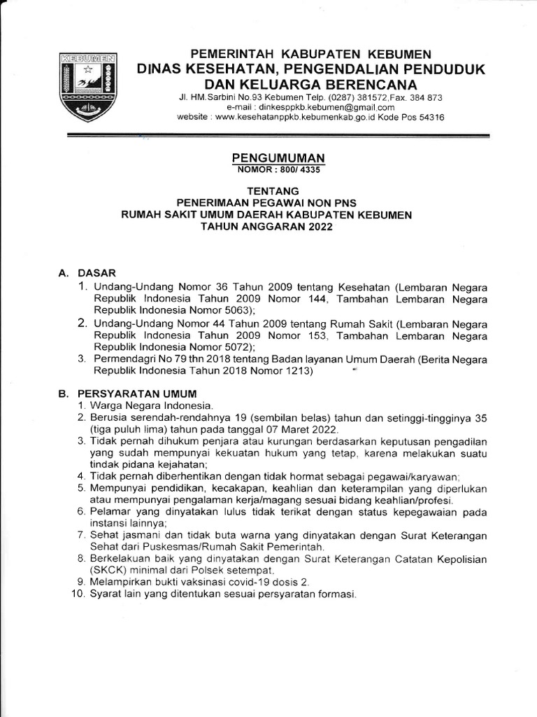 Pengumuman Penerimaan Pegawai Non PNS RSUD Kebumen TA 2022 | PDF