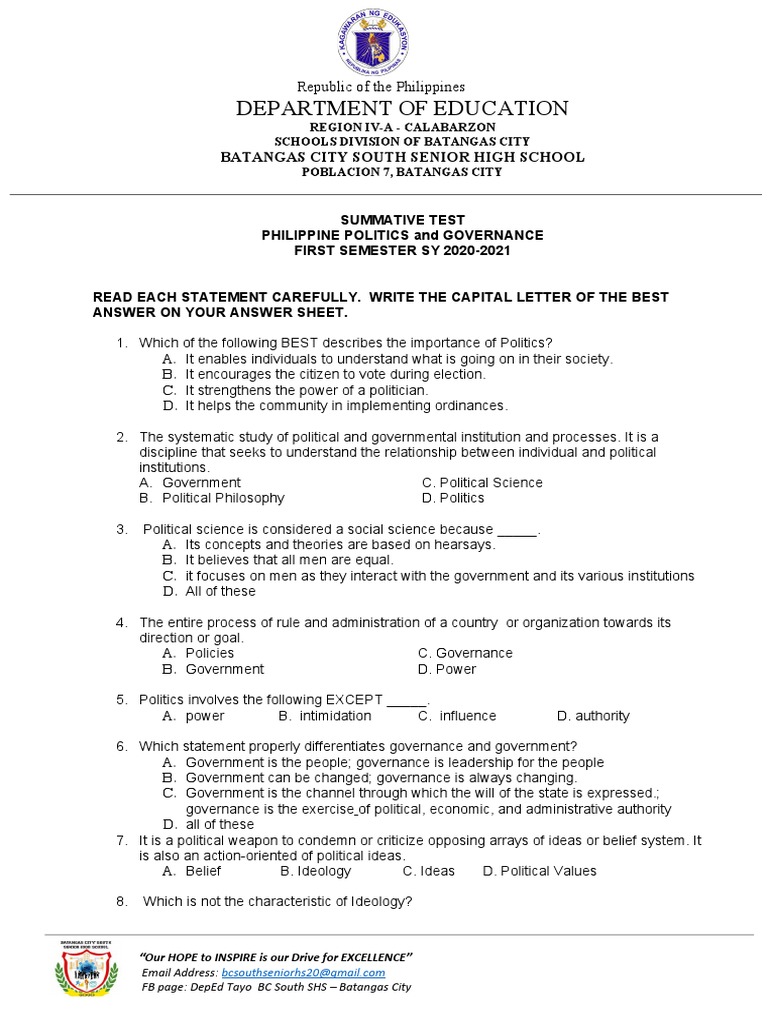 Summative Test PPG | PDF | President Of The Philippines | World Politics