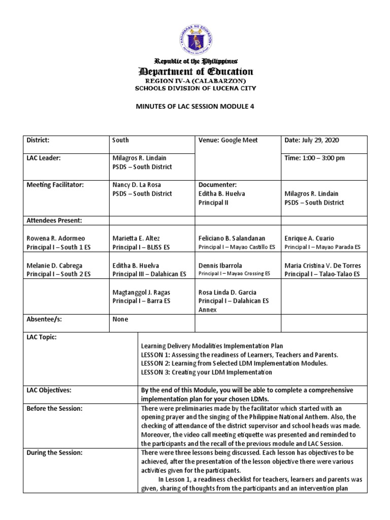 Minutes For Lac Session Module 4 | PDF | Communication | Educational ...