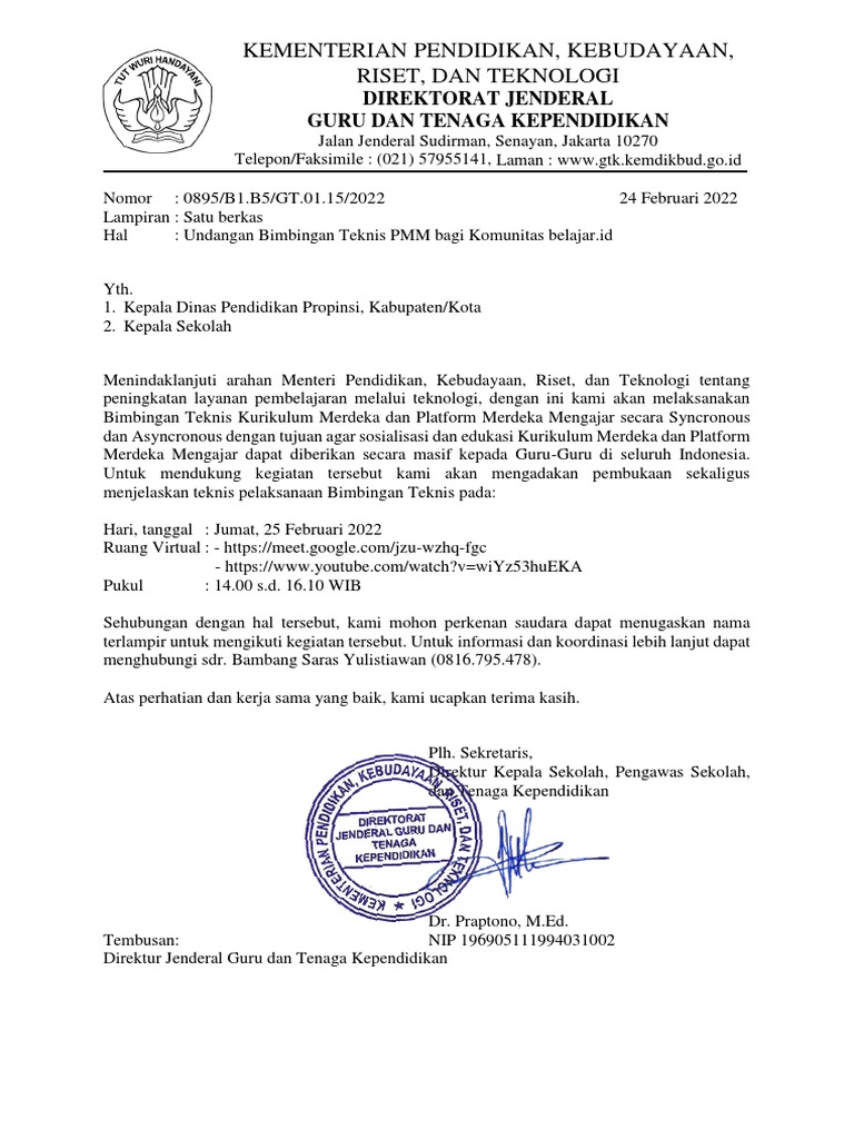 0895 - Undangan Bimbingan Teknis PMM Bagi Komunitas Belajar - Id | PDF