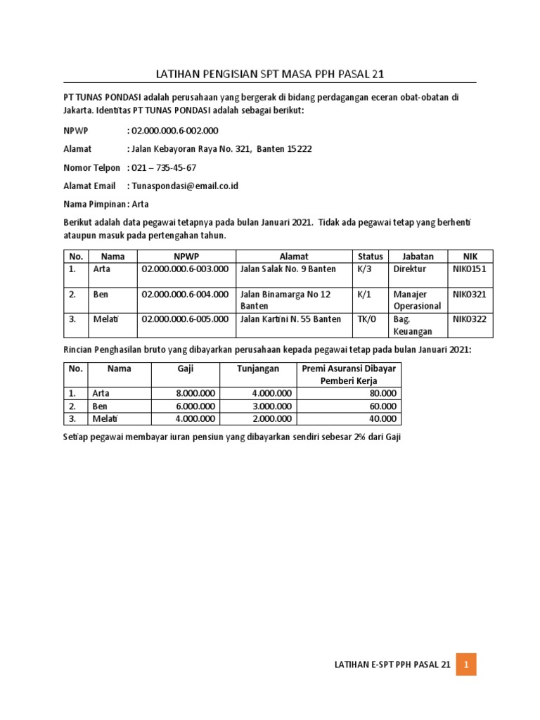 LATIHAN PENGISIAN SPT MASA PPH PASAL 21 - PT T Pondasi | PDF