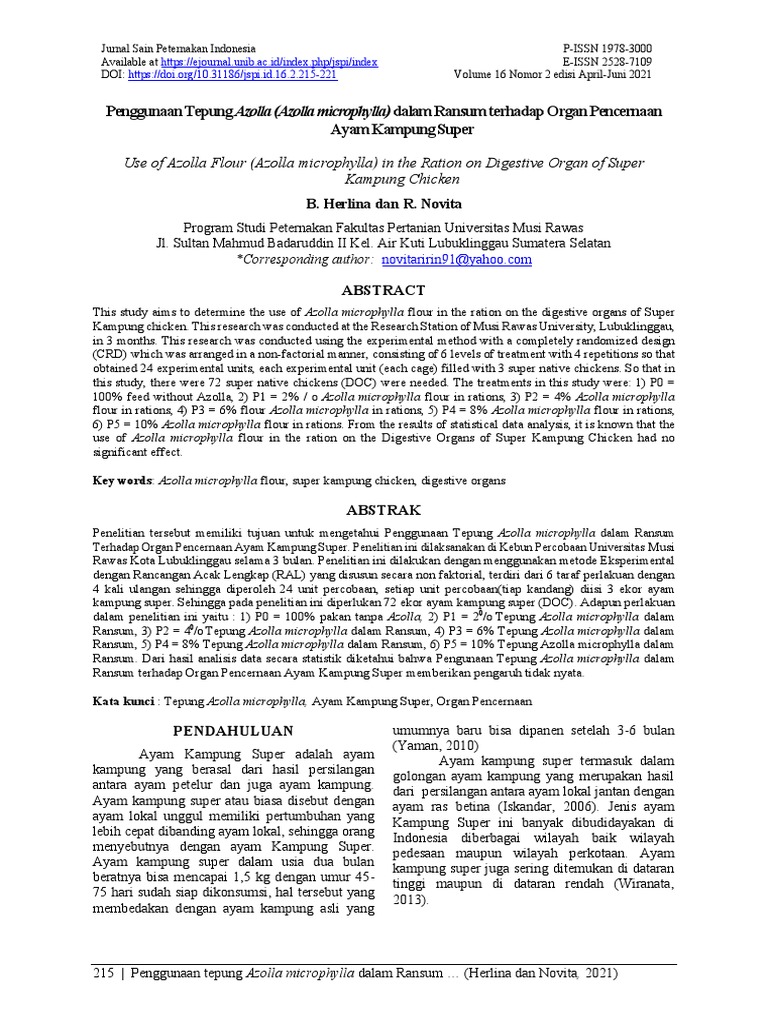 Penggunaan Tepung Azolla (Azolla Microphylla) Dalam Ransum Terhadap Organ Pencernaan Ayam ...