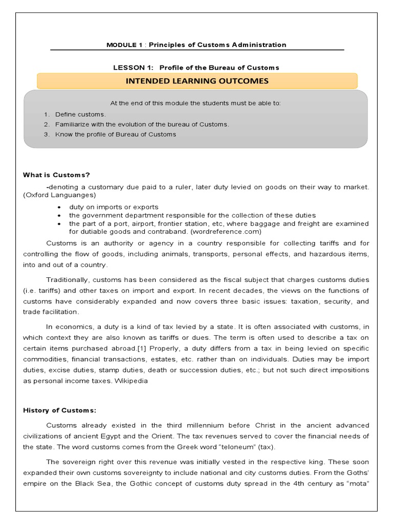 Intended Learning Outcomes: Principles of Customs Administration LESSON ...