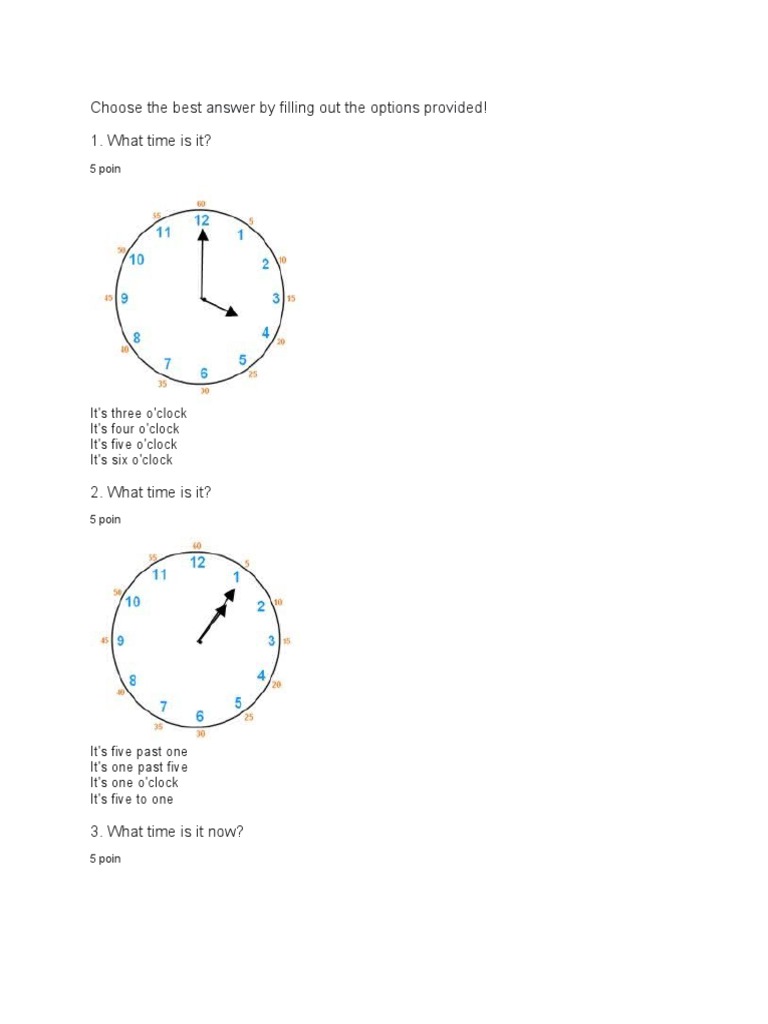 Time Quiz with Multiple Choice Answers | PDF