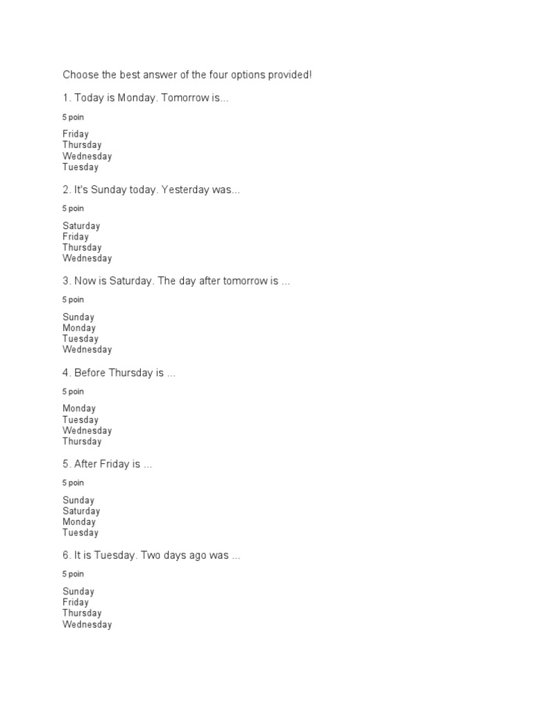 Days and Months Quiz Worksheet | PDF