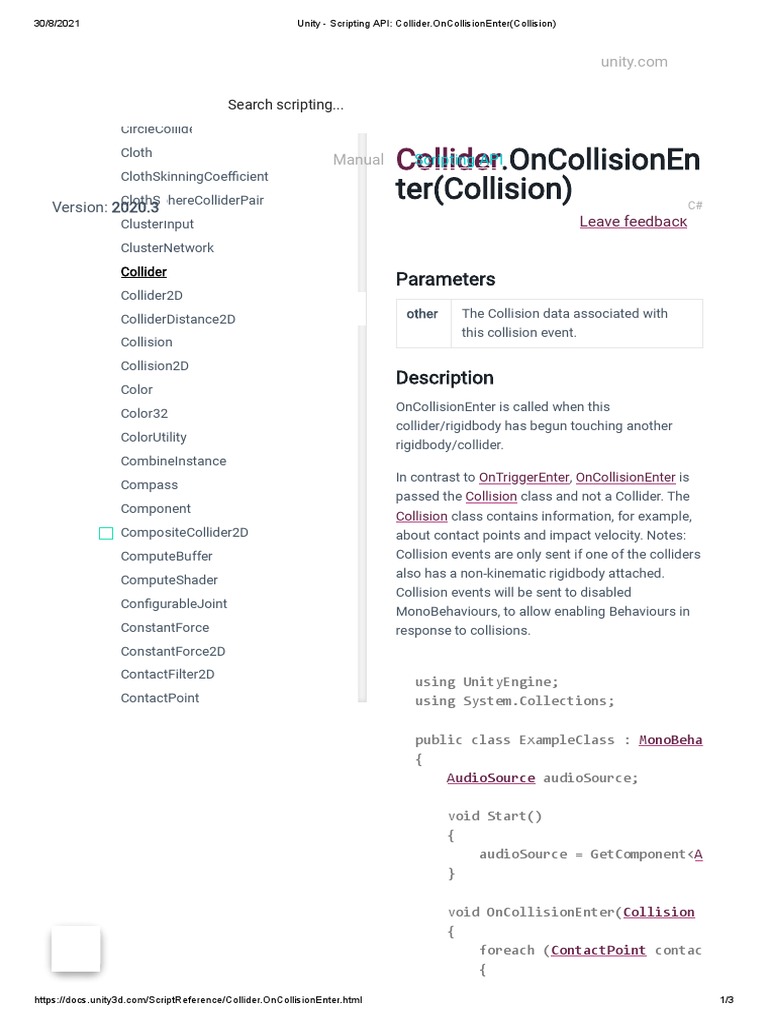 Unity - Scripting API - Collider - OnCollisionEnter (Collision) | PDF ...