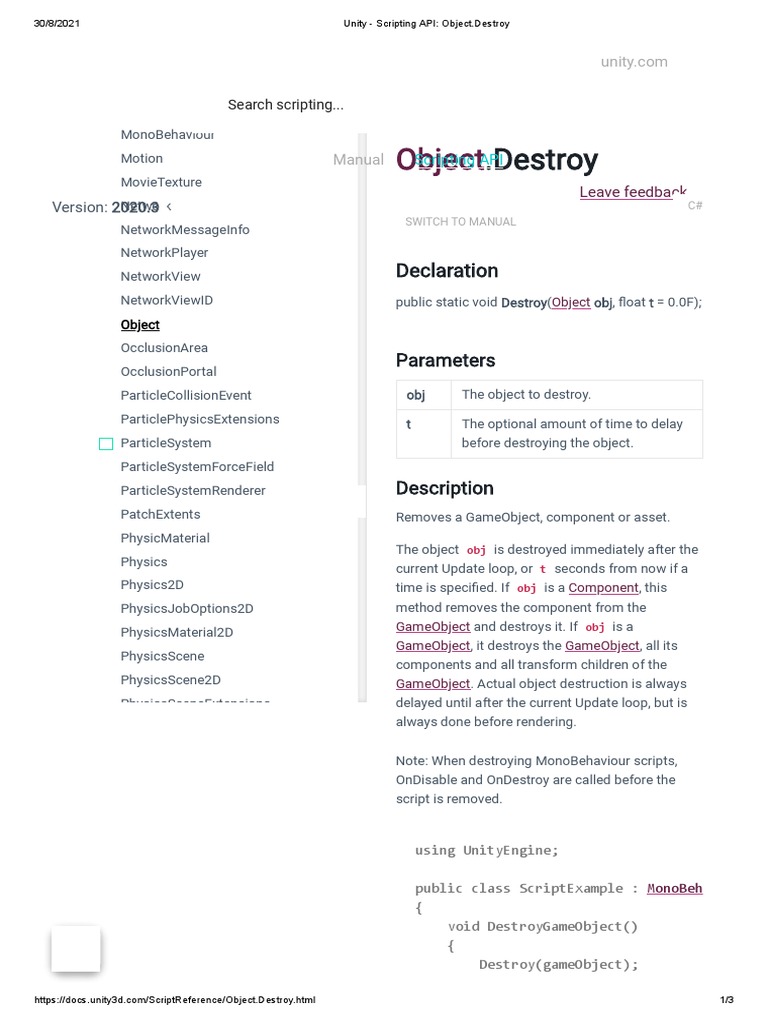 Unity - Scripting API - Object - Destroy | PDF | Computing | Computer ...