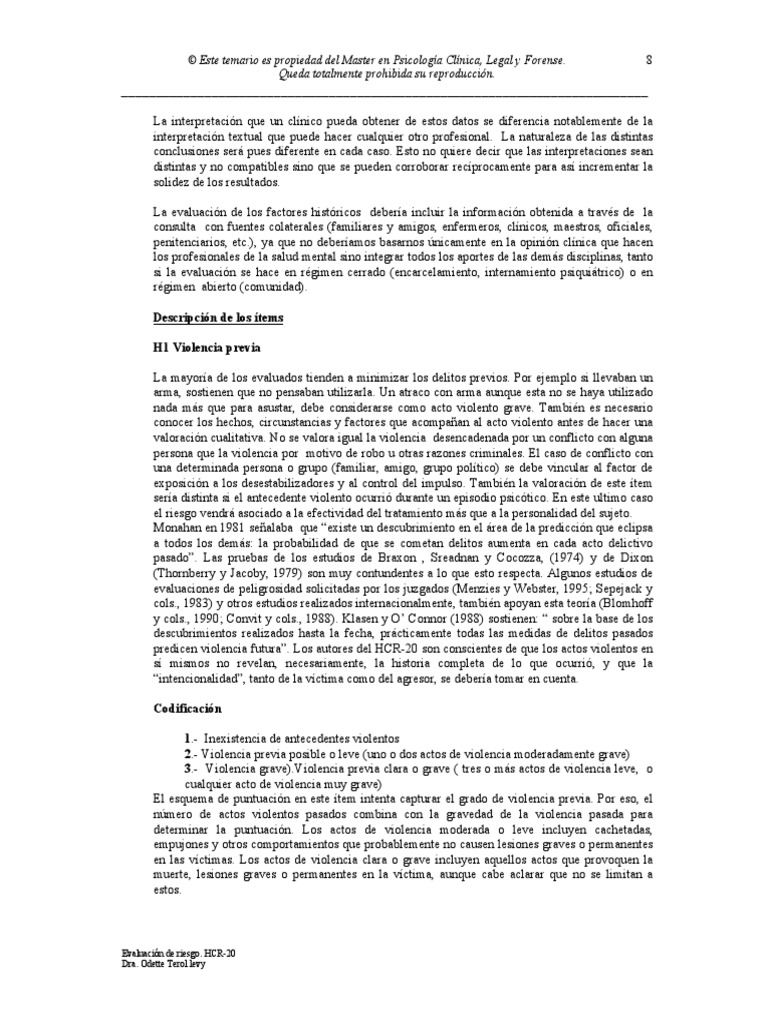 9 - 1 - HCR - 20 - Escala de Riesgo - Violencia - Solo - Factores | PDF | Trastorno mental ...